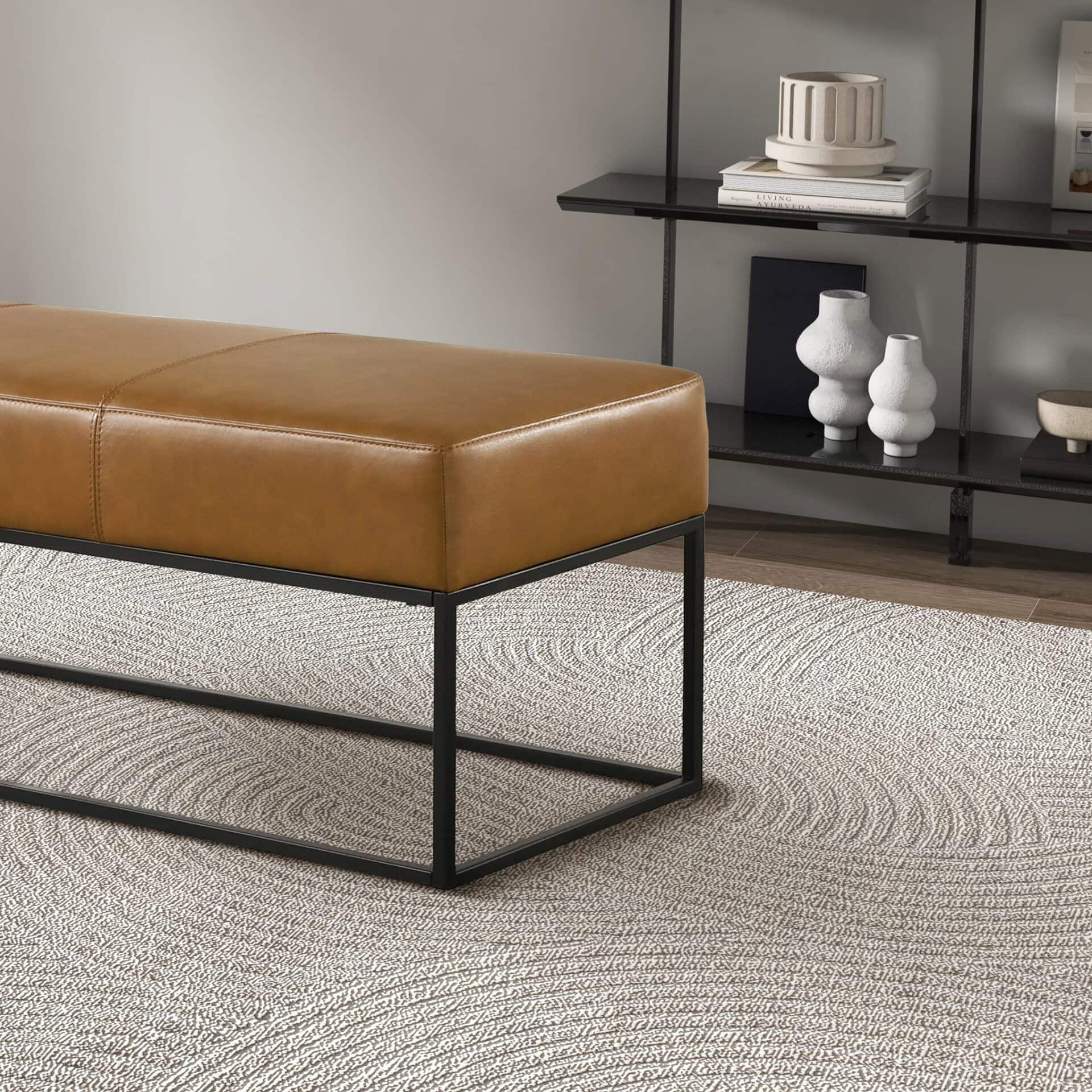 Mid-Century Modern Tan Leather Bench with Metal Frame - Cave Supplies