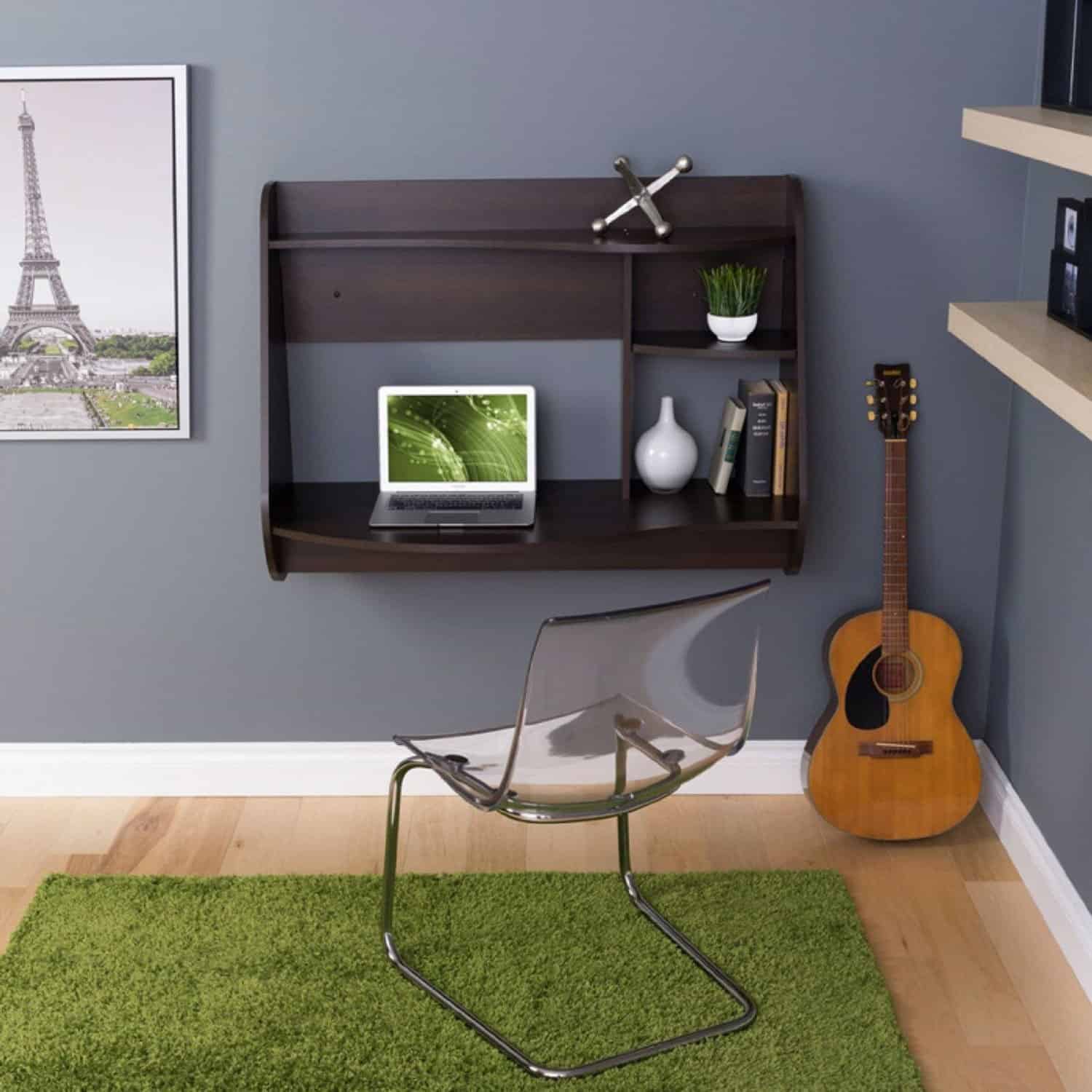 Espresso Wall-Mount Floating Desk with Shelves and Cord Management ...