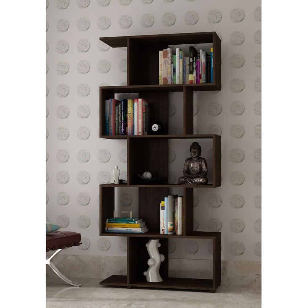 Modern Dark Brown Zig-Zag Bookcase with 5 Shelves - Cave Supplies