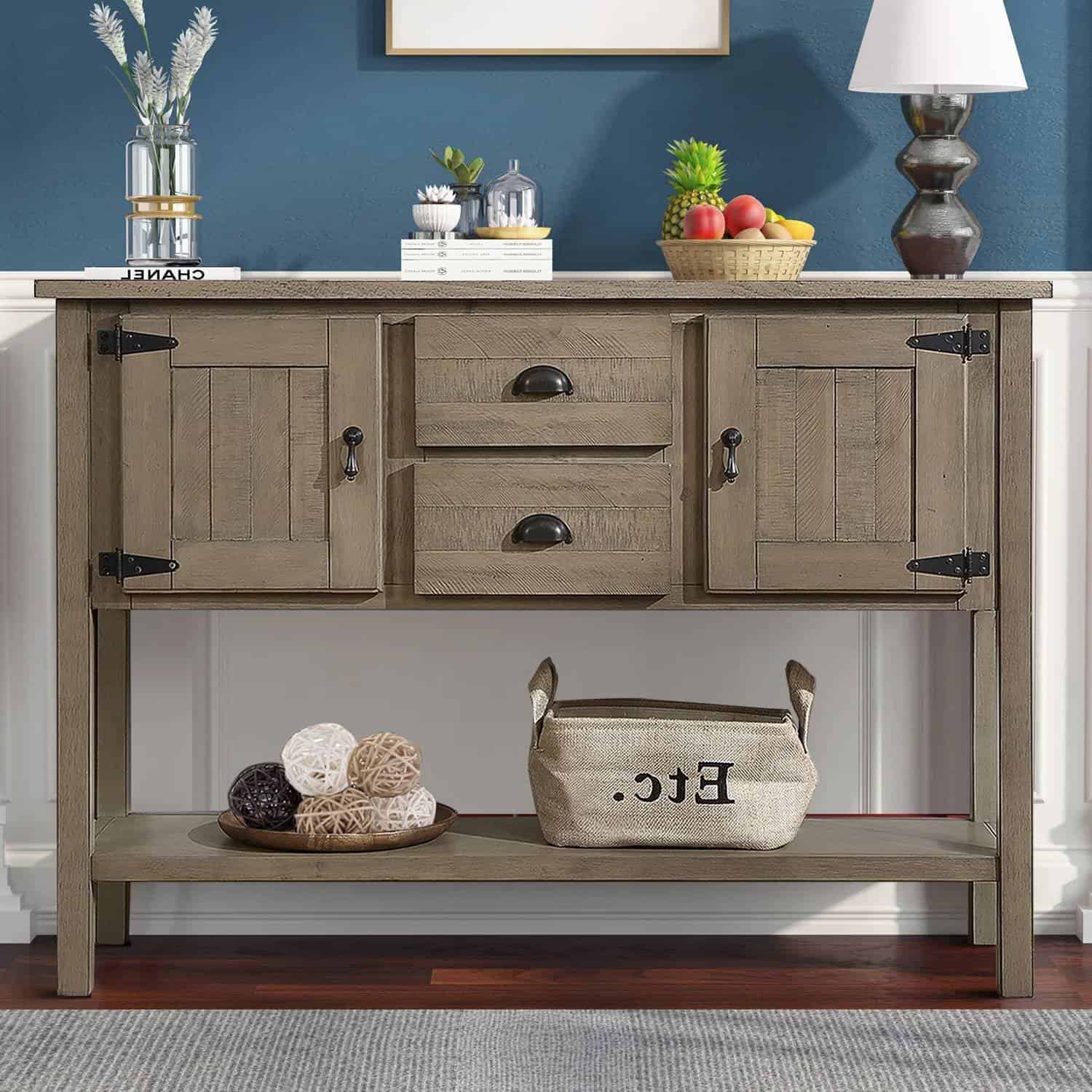Rustic Taupe Solid Wood Farmhouse Console Table with Storage Drawers ...