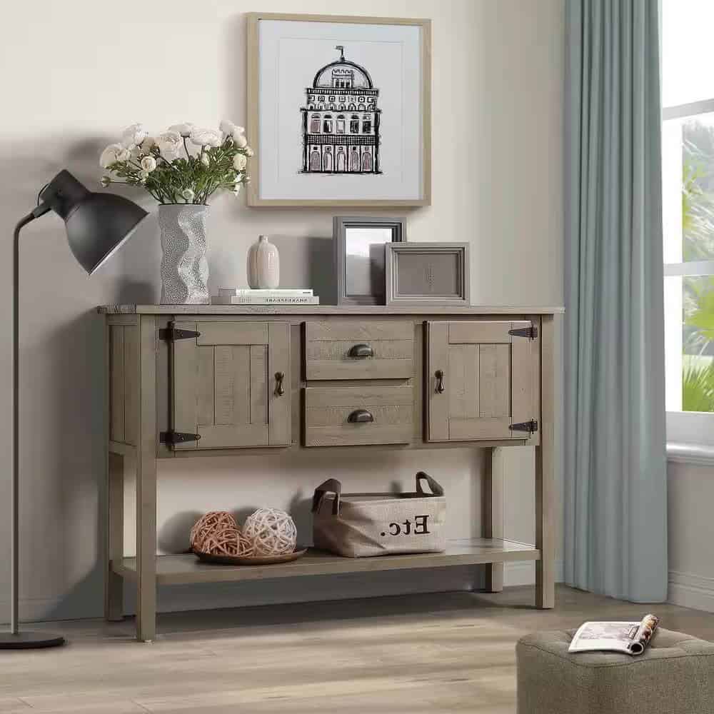 Rustic Taupe Solid Wood Farmhouse Console Table with Storage Drawers ...