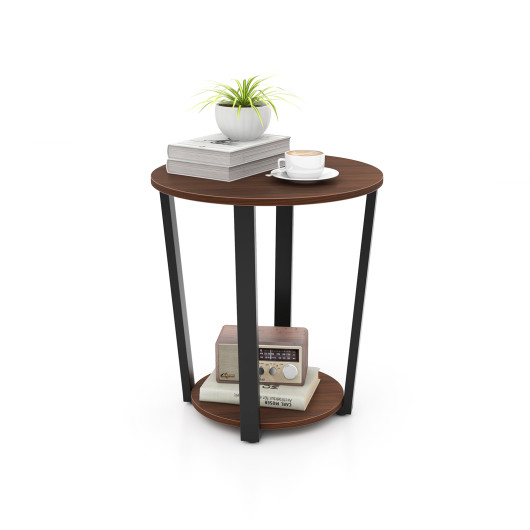 Industrial Round Side Table with Shelf and Metal Frame Walnut - Cave ...