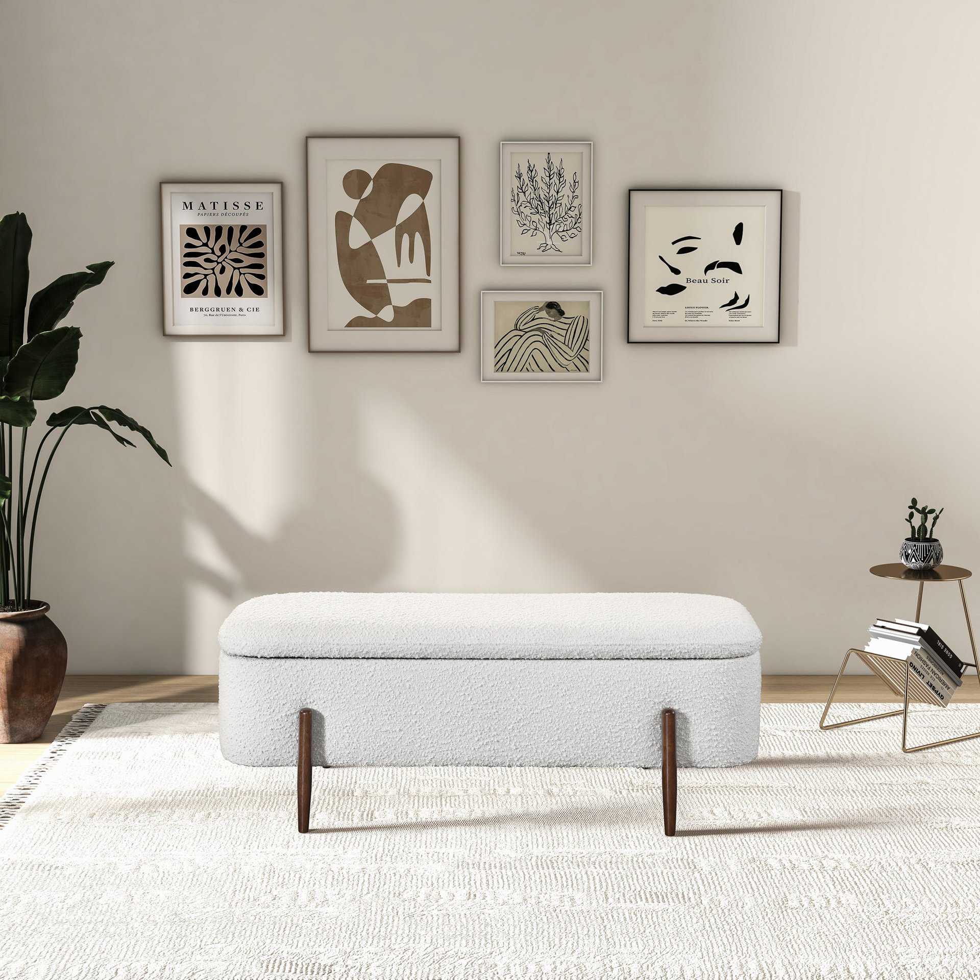 Ivory Boucle Mid-Century Modern Storage Bench with Teak Frame - Cave ...