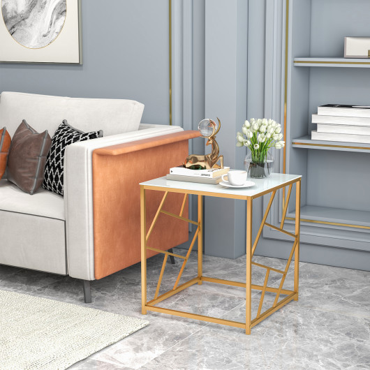 Gold Geometric End Table with Tempered Glass Top - Cave Supplies