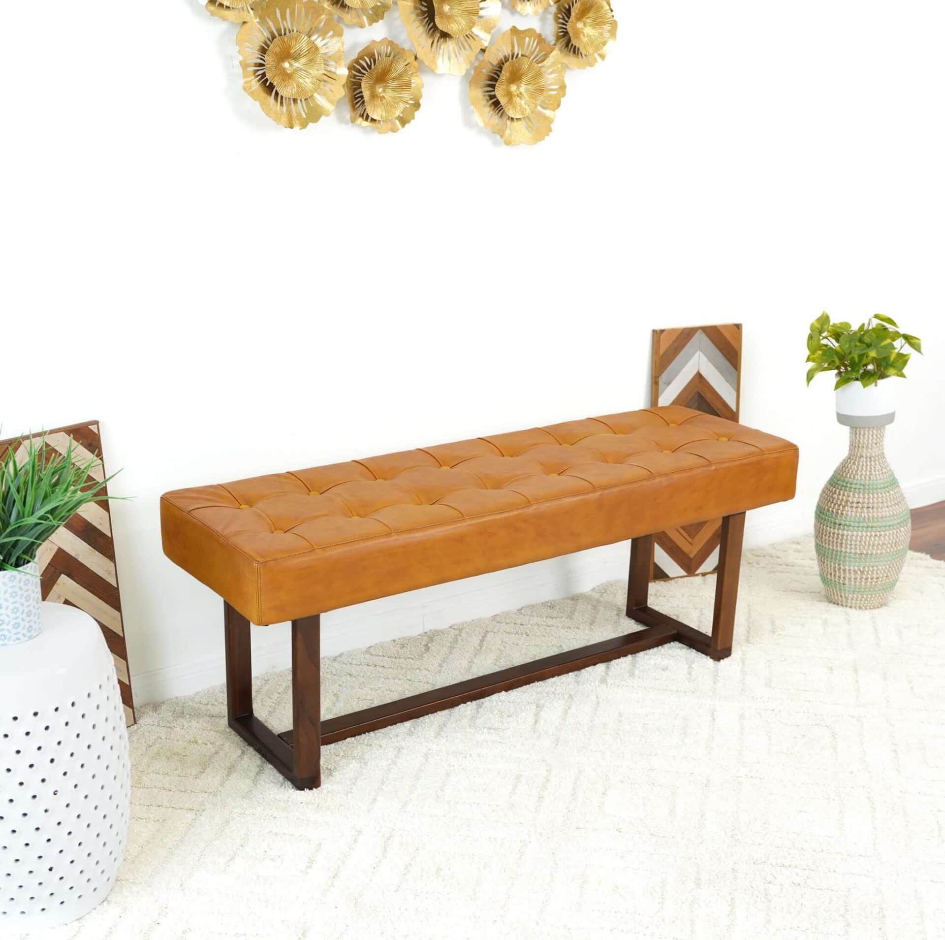 Tan Leather Mid-Century Modern Bench with Wood Frame - Cave Supplies