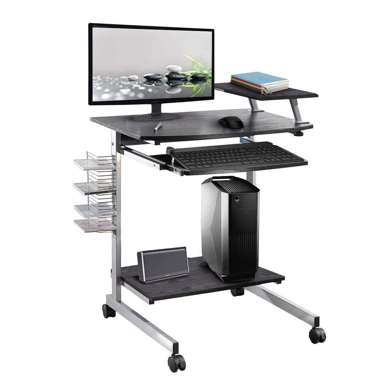 Mobile Compact Computer Cart Desk with Adjustable Shelves - Cave Supplies