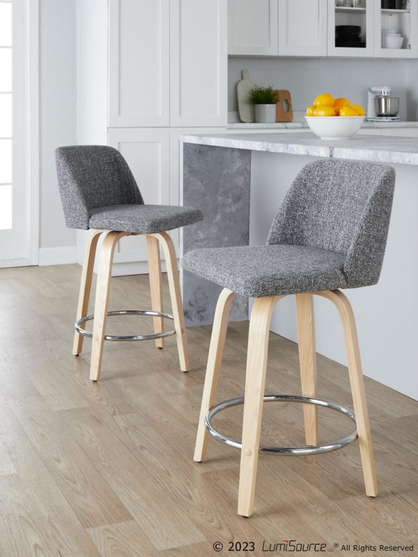 Toriano 24" Natural Wood Grey Fabric Contemporary Stools (Set of 2 ...