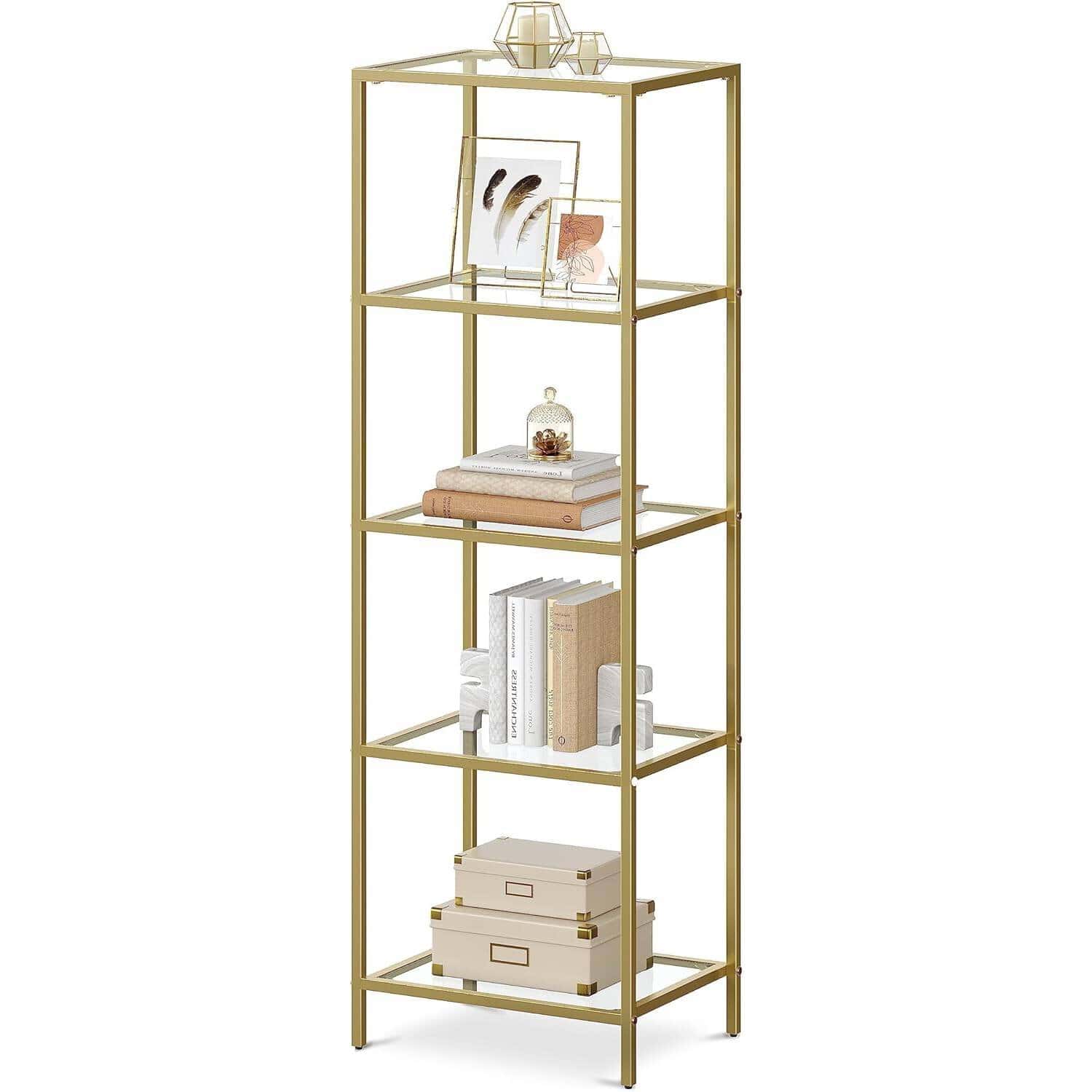 Slim Gold Frame Glass Shelving Unit with 4 Tempered Shelves - Cave Supplies
