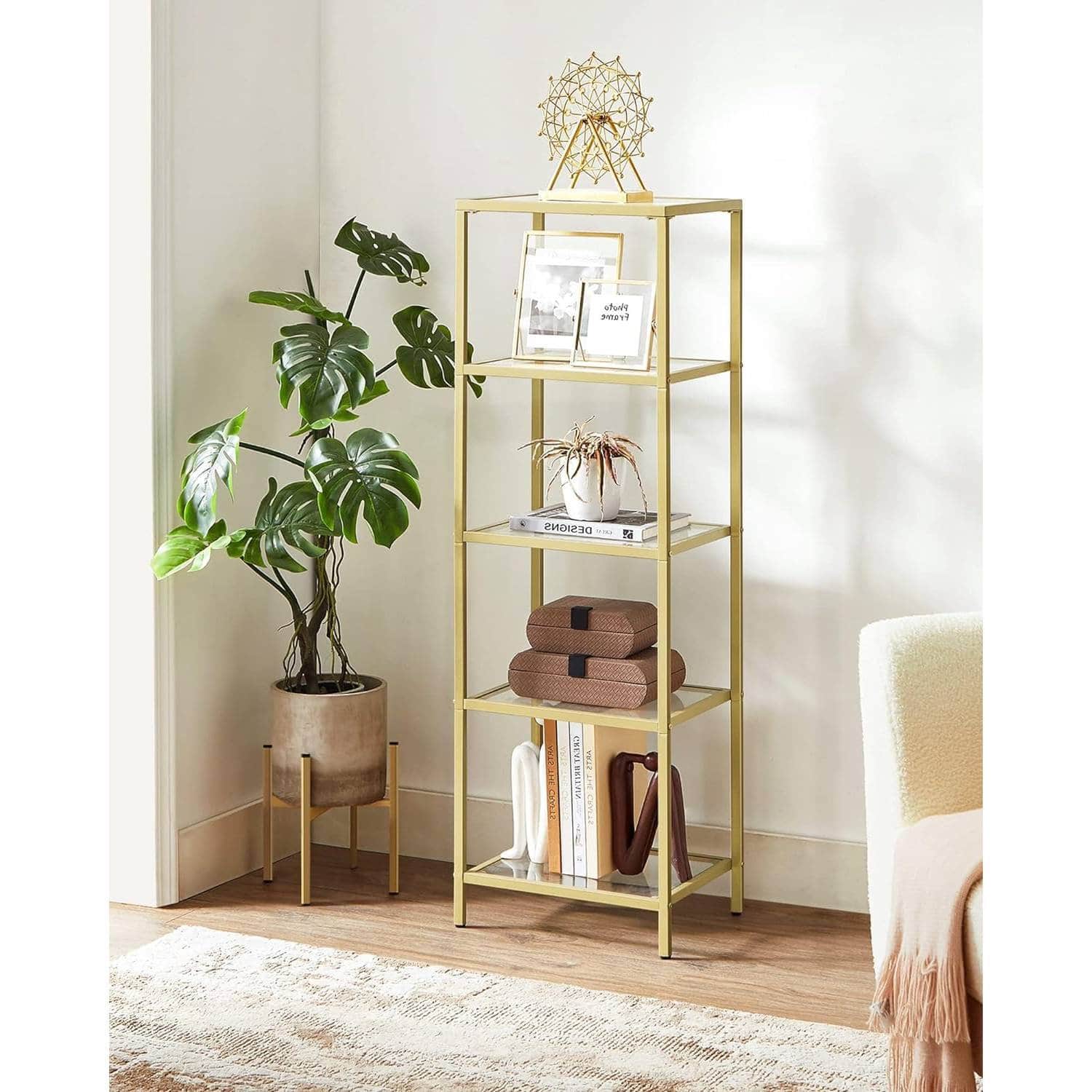 Slim Gold Frame Glass Shelving Unit with 4 Tempered Shelves - Cave Supplies