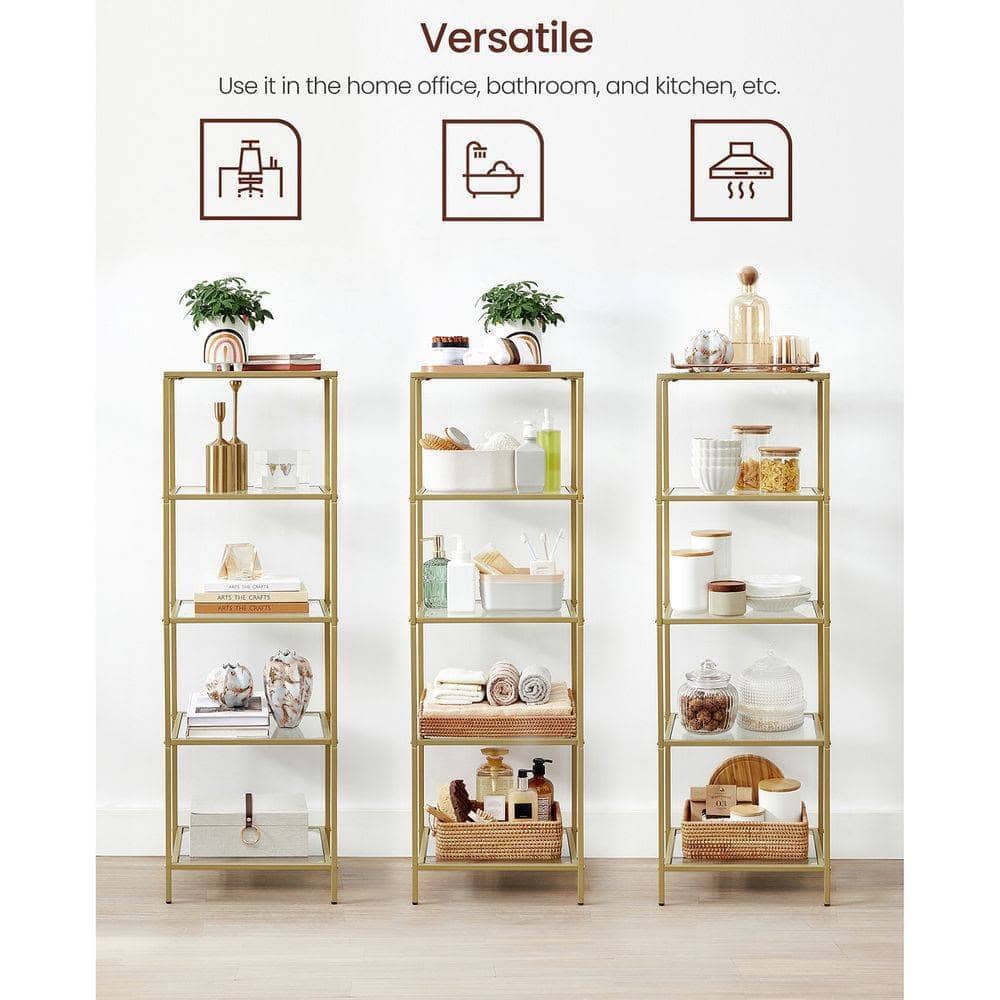 Slim Gold Frame Glass Shelving Unit with 4 Tempered Shelves - Cave Supplies