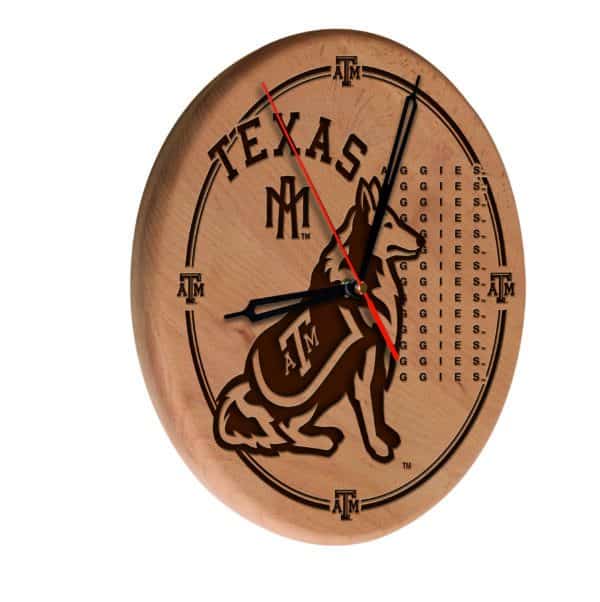 Texas A&M 13-Inch Solid Wood Engraved Clock in Natural - Cave Supplies