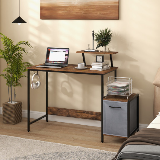 Rustic Brown Computer Desk with Charging Ports and Fabric Drawer - Cave ...