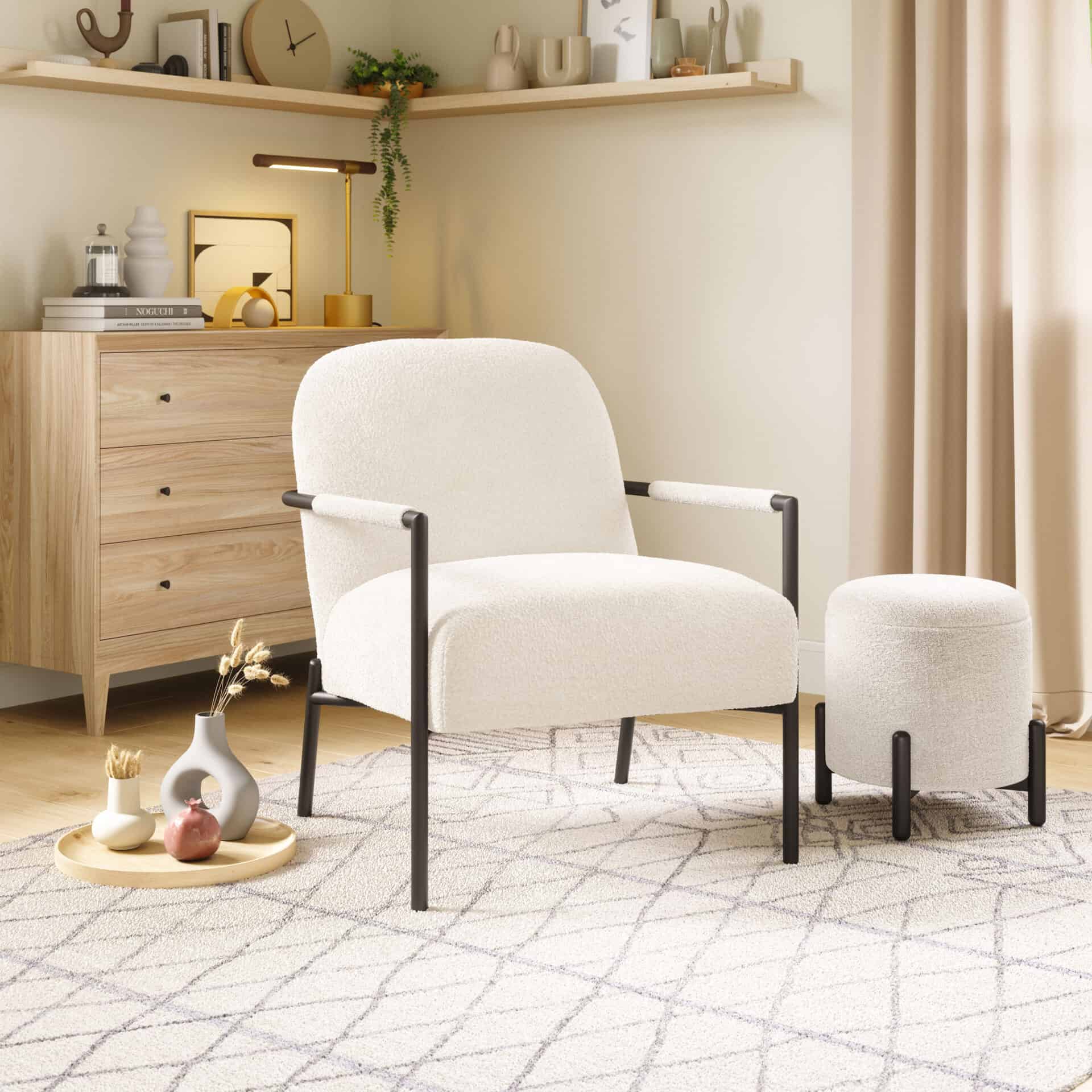 Ivory Shearling Style Accent Chair with Powder Coated Steel Frame ...
